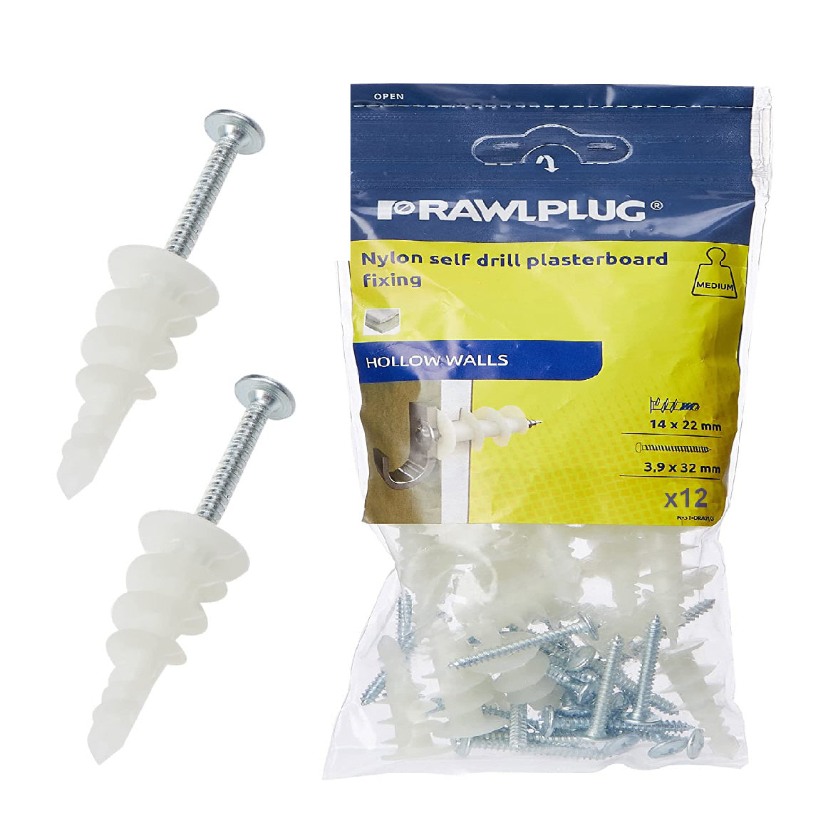 12 x Rawlplug Nylon Self Drill Plasterboard Hollow Stud Wall Fixings ...