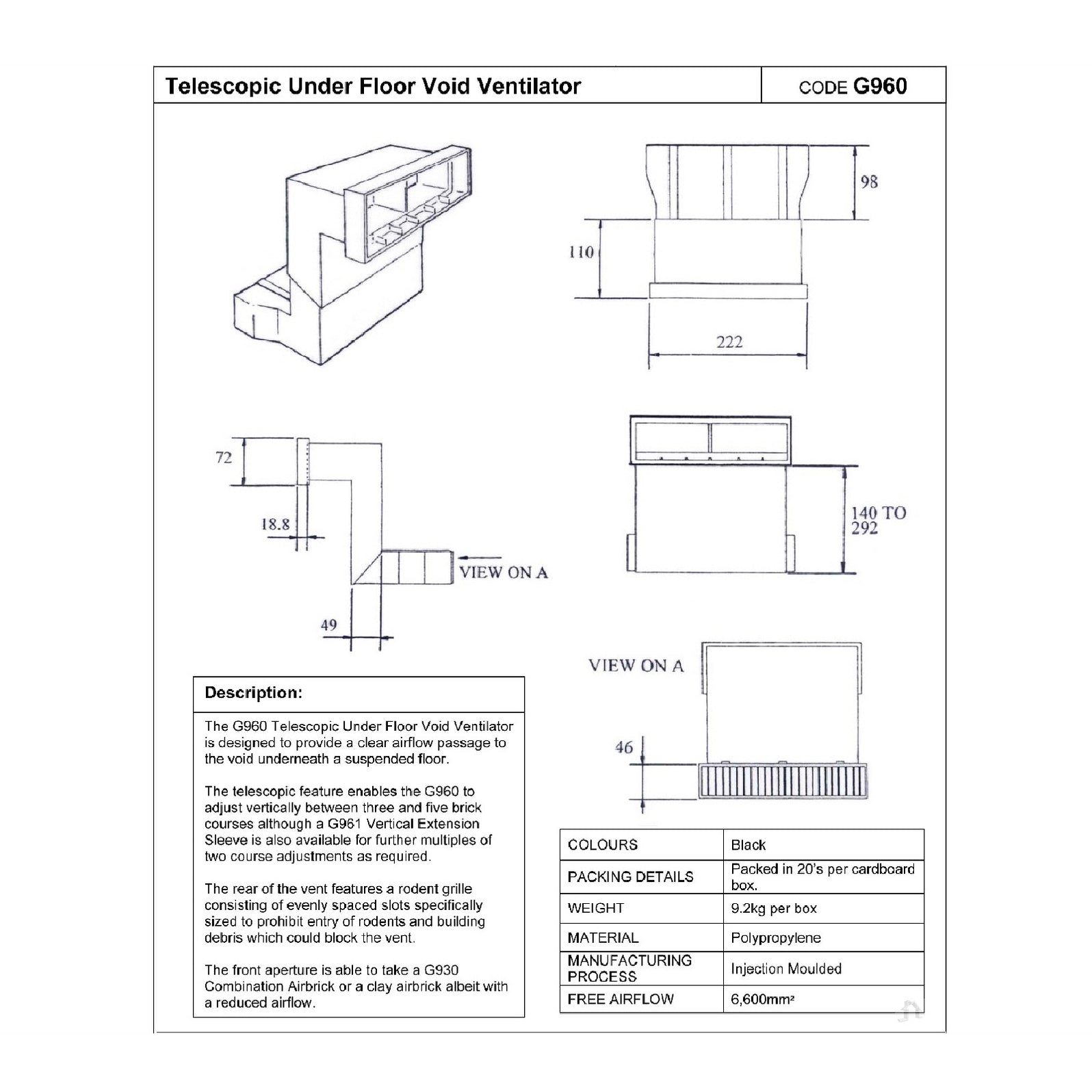 Telescopic Adjustable Underfloor Cavity Wall Vents with Airbricks G960 ...